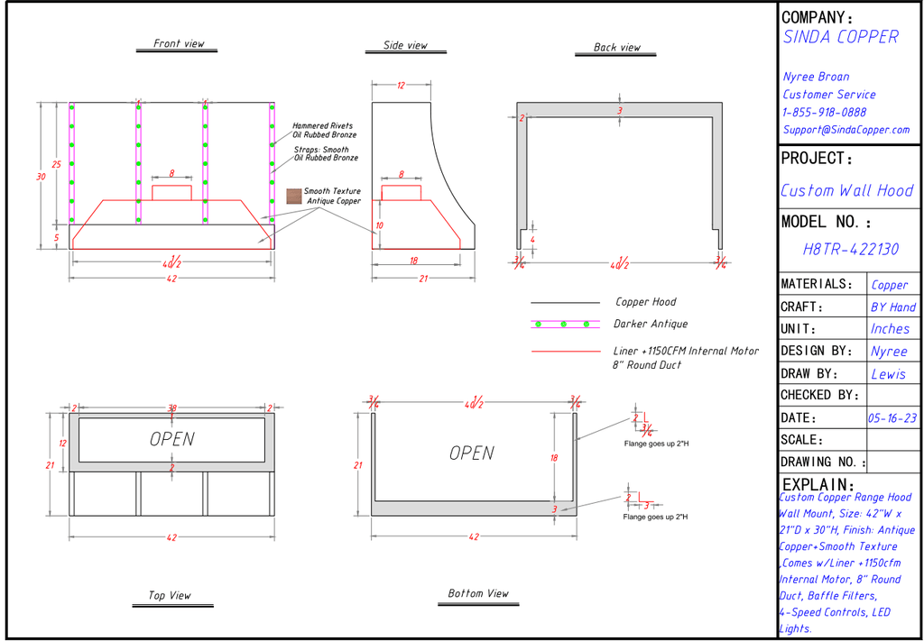 CUSTOM H8TR Copper Range Hood for Elizabeth - SINDA