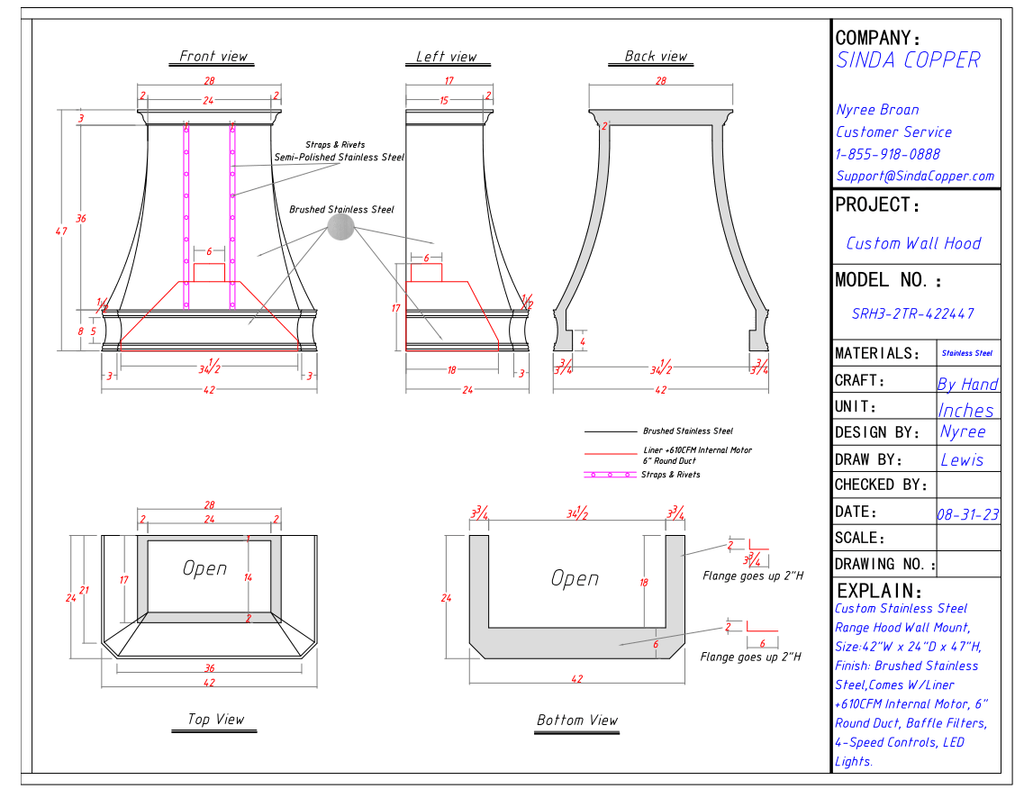 CUSTOM SINDA C-SRH3-2TR Stainless Steel Range Hood for Sherry - SINDA