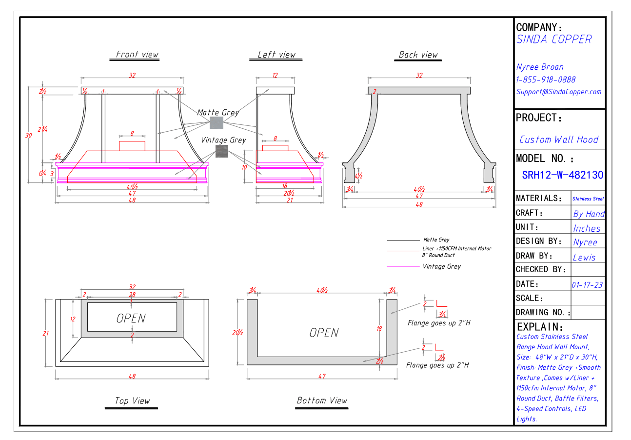 SINDA SRH12-W Custom Stainless Steel Range Hood For Janie Lucas - SINDA